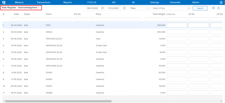 Sale Register - RealBooks | Cloud Accounting Software