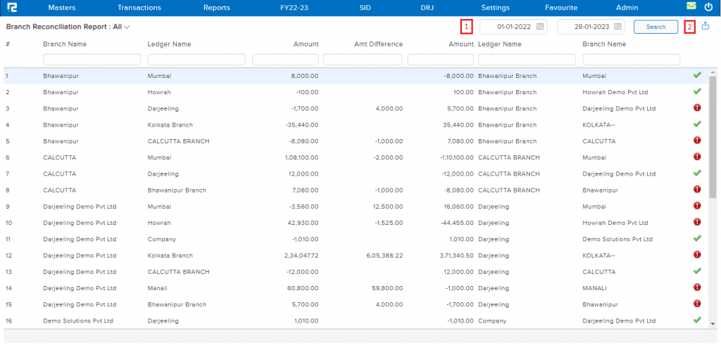 Branch Reconciliation Report - RealBooks | Cloud Accounting
