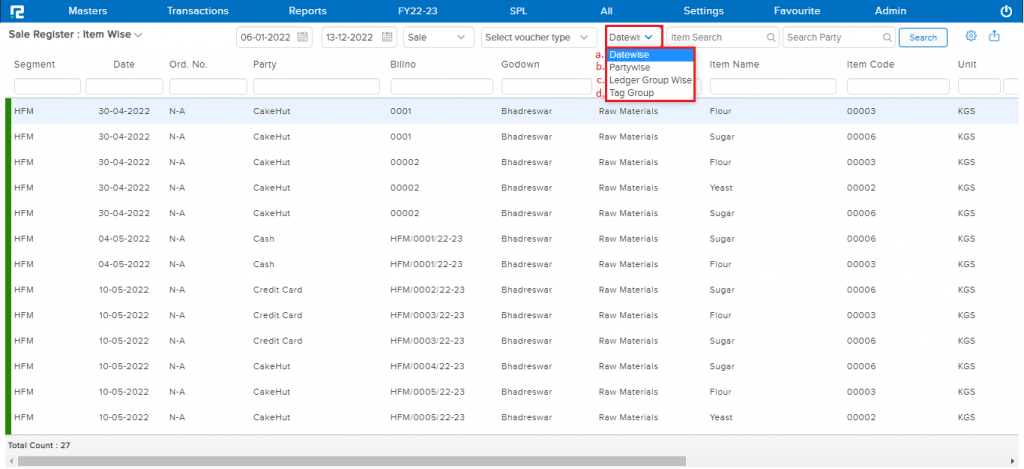 Sale Register - RealBooks | Cloud Accounting Software