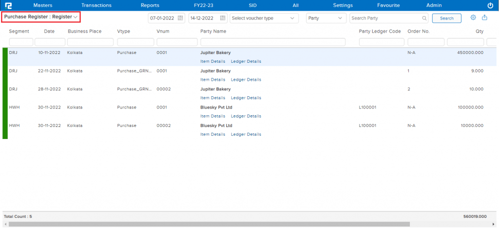 Purchase Register Report - RealBooks | Cloud Accounting Software