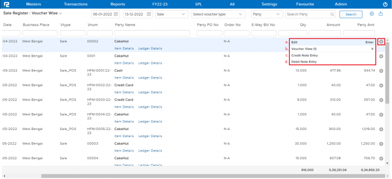 Sale Register - RealBooks | Cloud Accounting Software